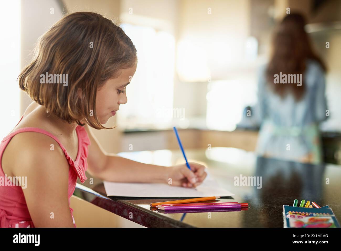 Child, drawing and creative in home for art project with parent in ...