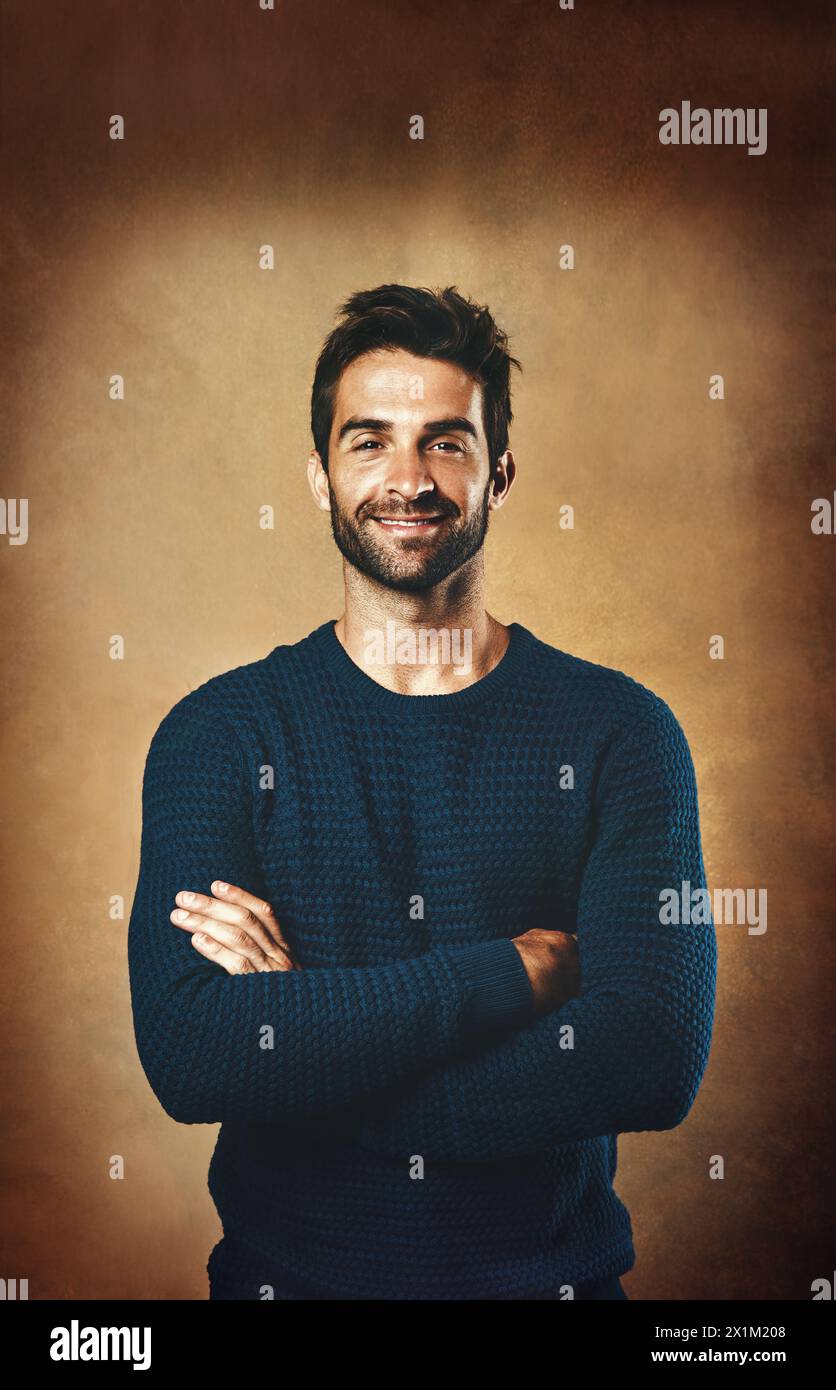 Face, man and smile in studio for confidence for modeling, designer ...