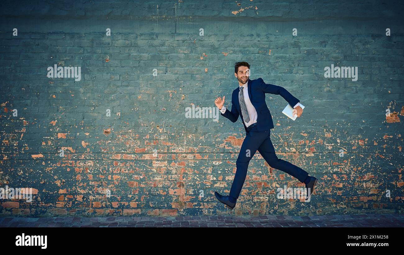 Brick wall, business and man running, speed and corporate professional ...