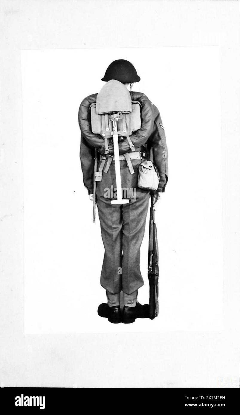 A British infantryman is depicted in full battle order, including a bed ...
