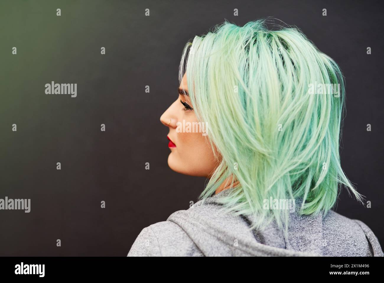 Mint green, back and woman with hair care, confidence, and trendy with ...