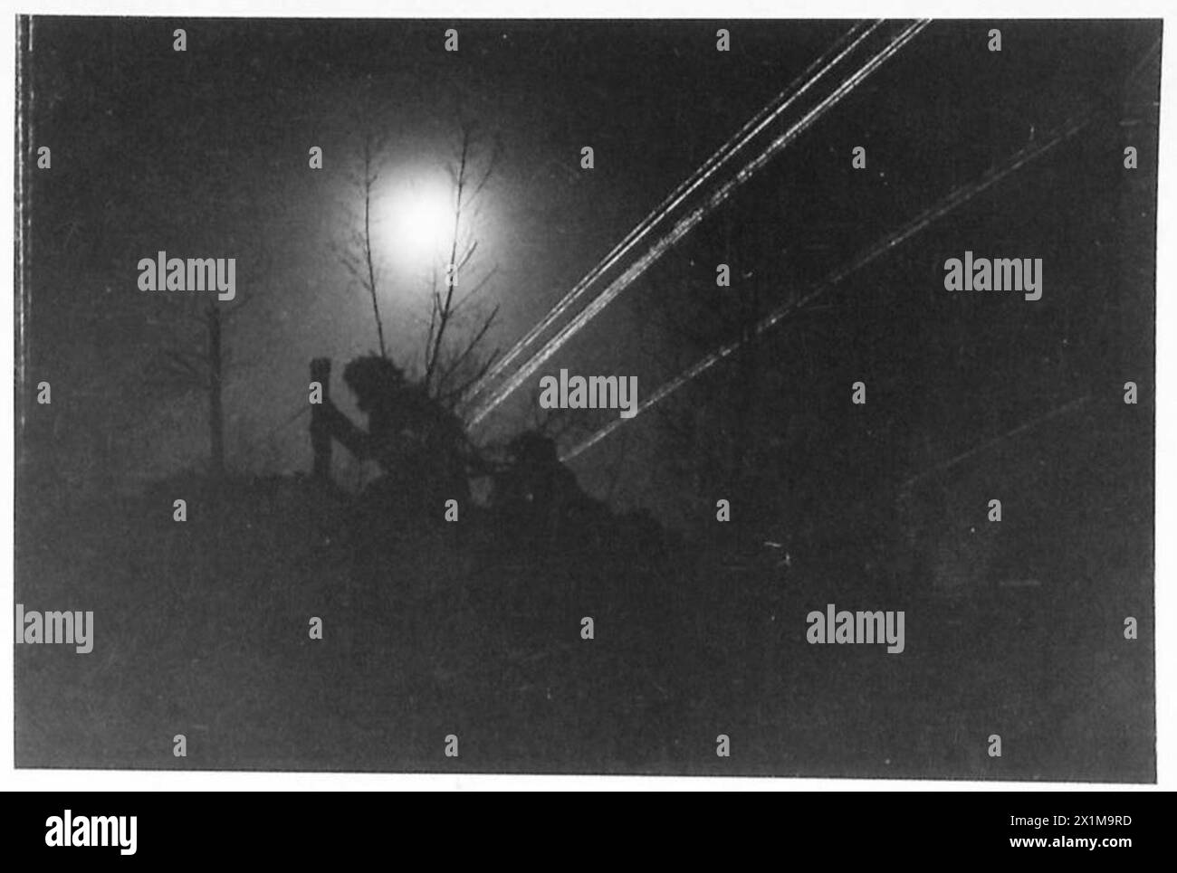 Zero hour on the Rhine in the light of moon. Infantry assemble on the ...