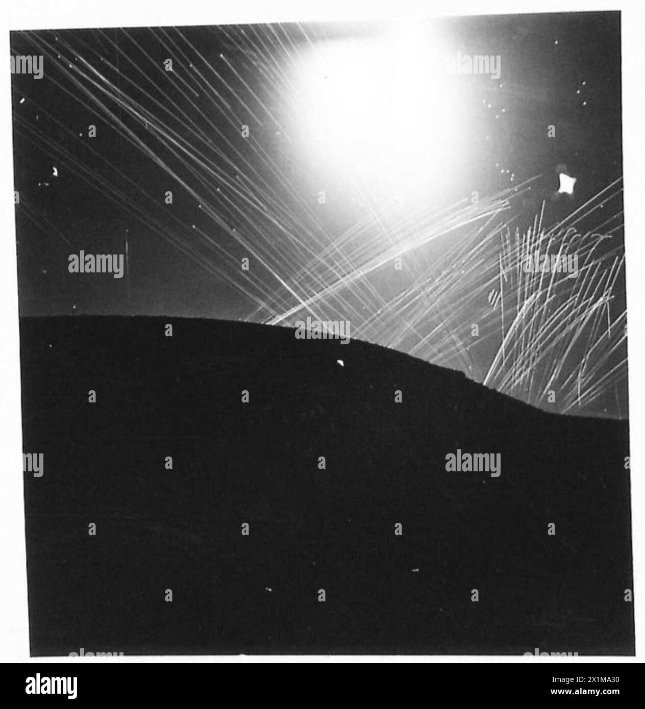 Anti-aircraft artillery of the British Army engages during a night air ...