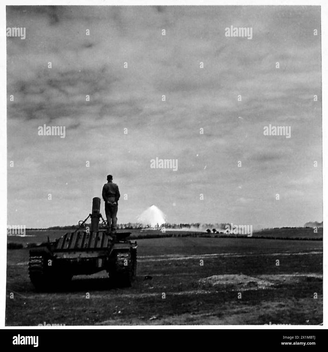 FLAME MORTAR - Tank in foreground firing bomb seen bursting in air ...