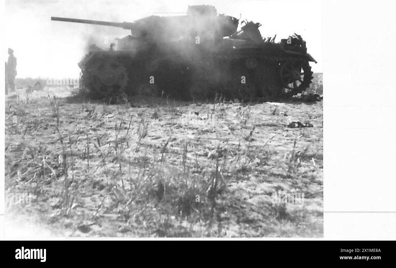 British Army 6-pounder anti-tank guns engage German Mk 3 Special tanks ...