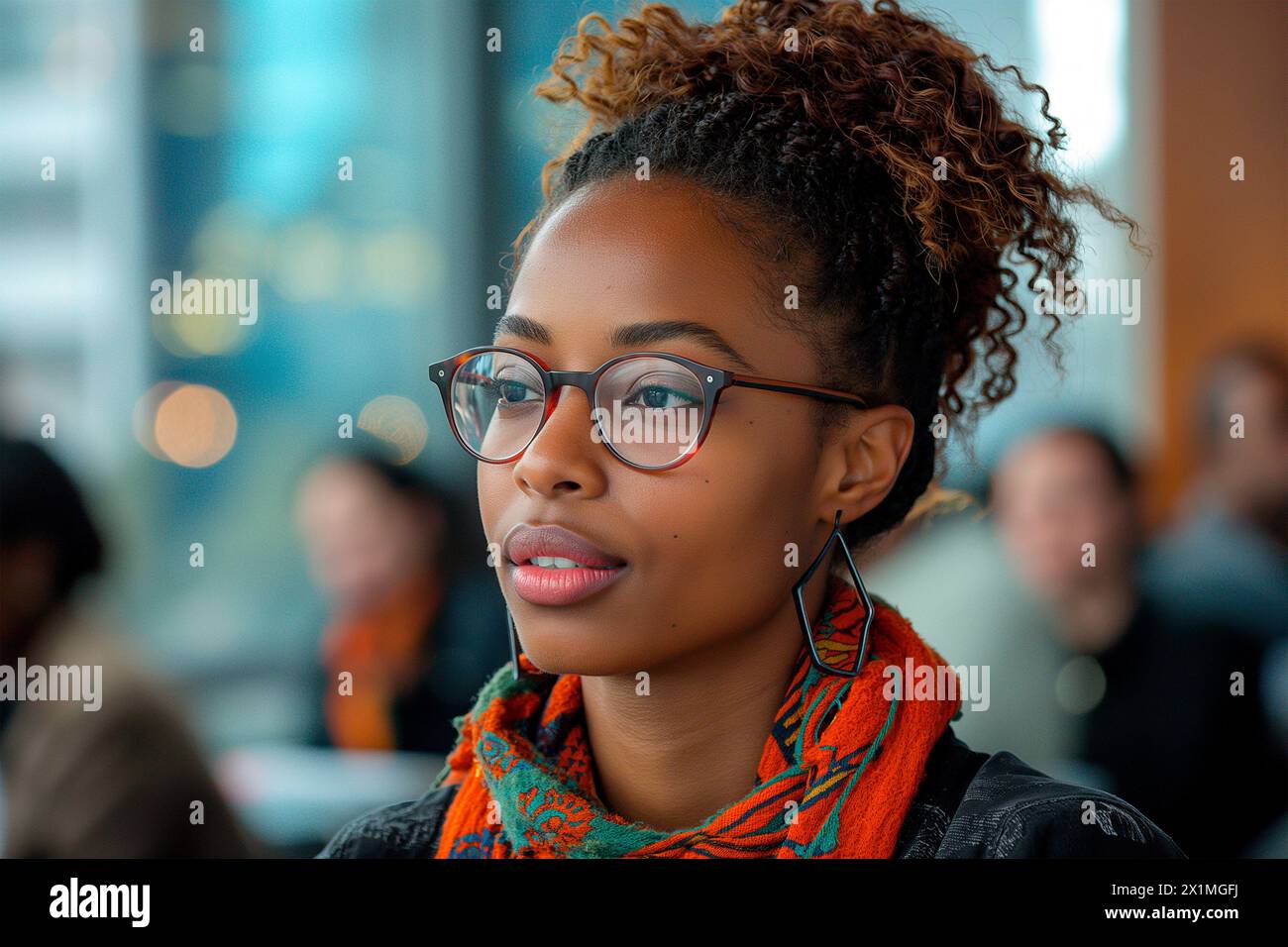 A woman with glasses and a scarf, looking away from the camera. Her ...