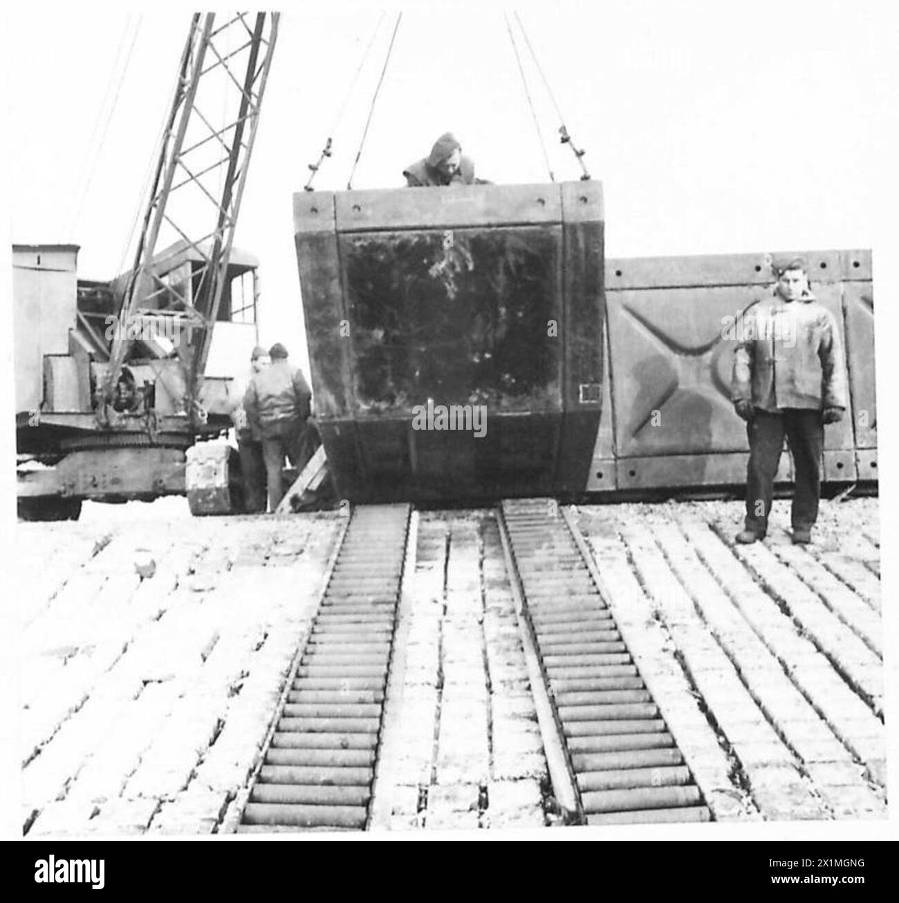Close-up of the scow-end of a barge on a roller-runway constructed by ...