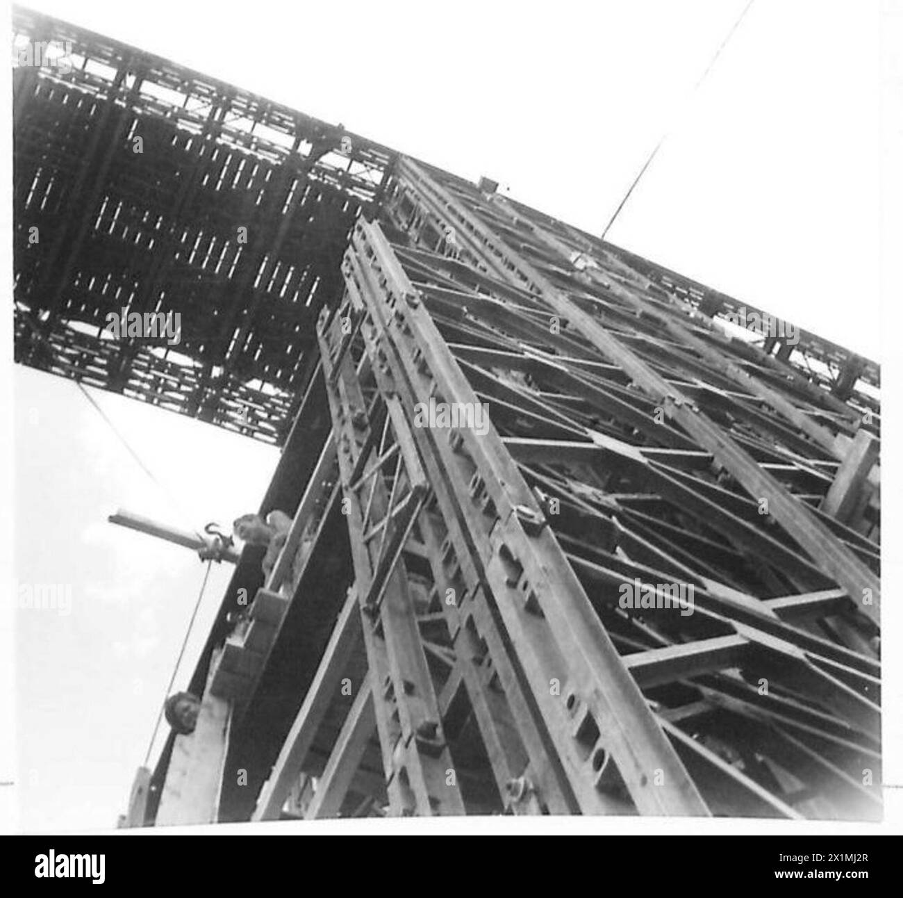 A Bailey Bridge is photographed from ground level towards the top ...