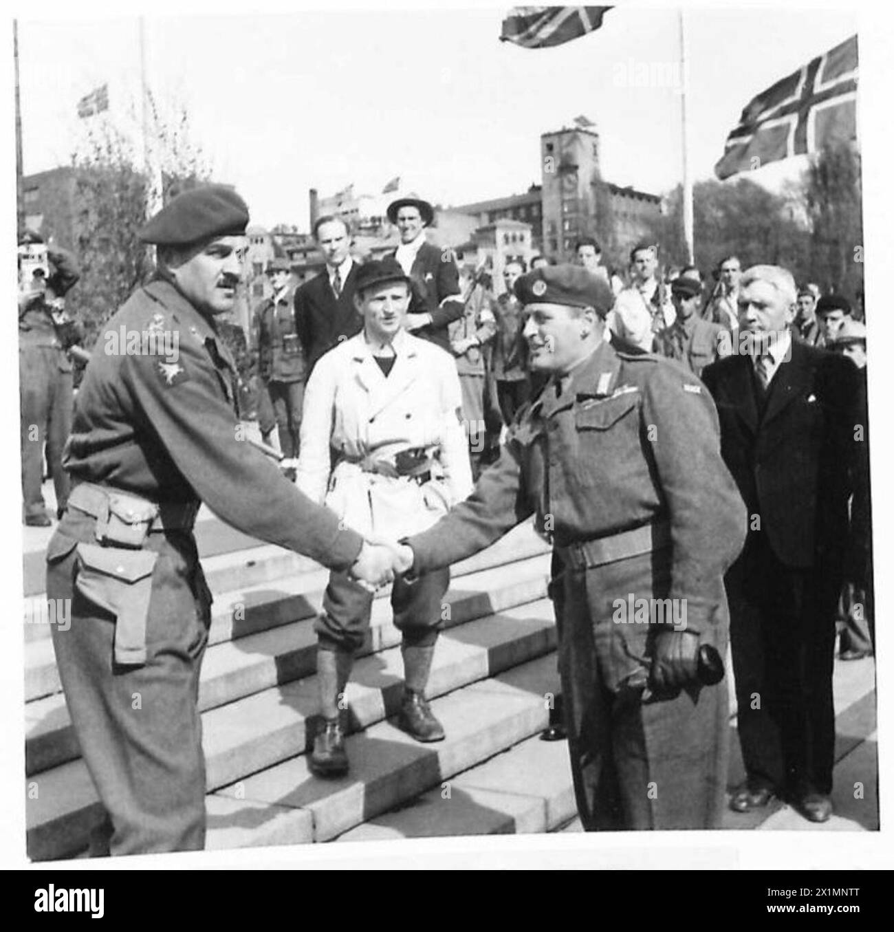 Crown Prince Olav returns to Norway and is welcomed by General Urquhart ...