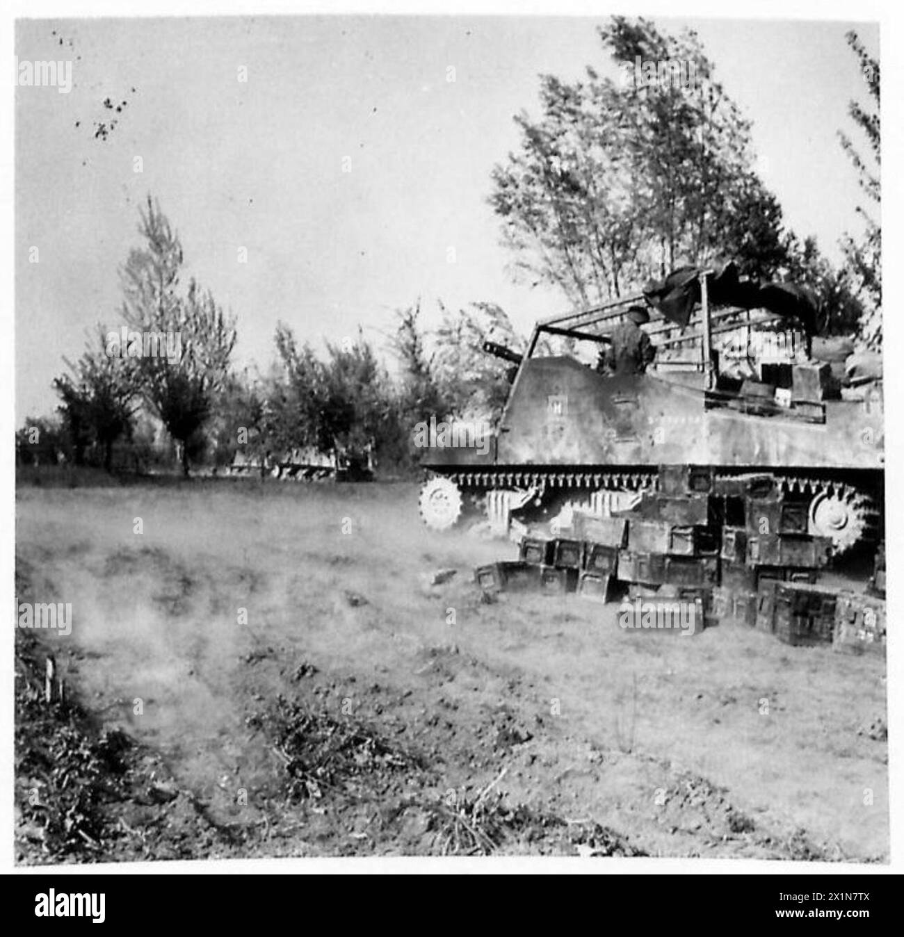 EIGHTH ARMY ADVANCE - S.P. guns firing from positions in an orchard ...
