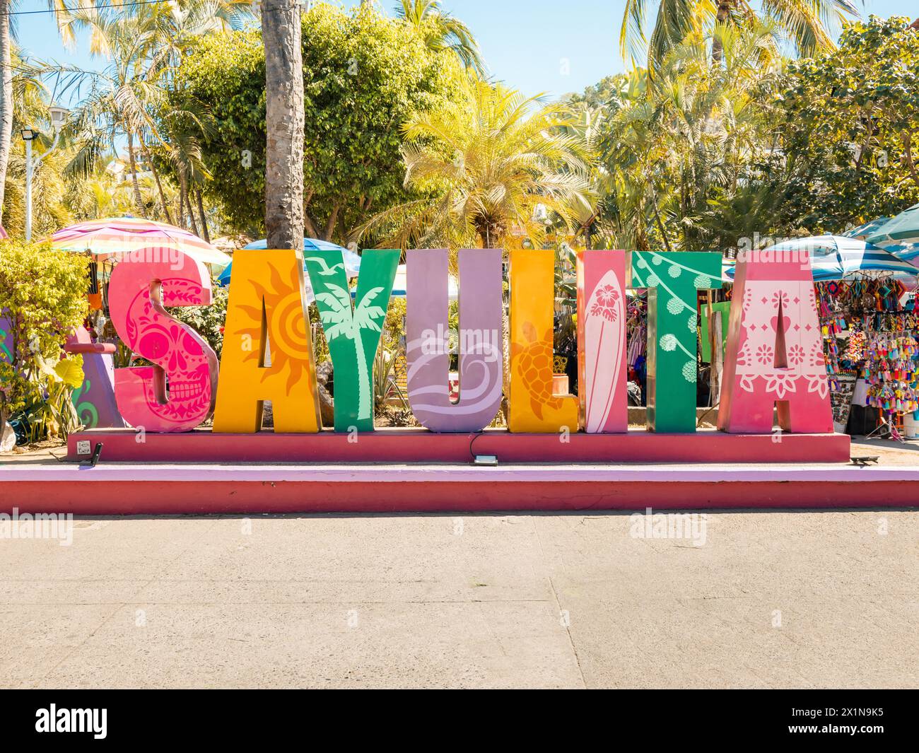 Colorful word letter sign of Sayulita in Mexico placed in the center of ...