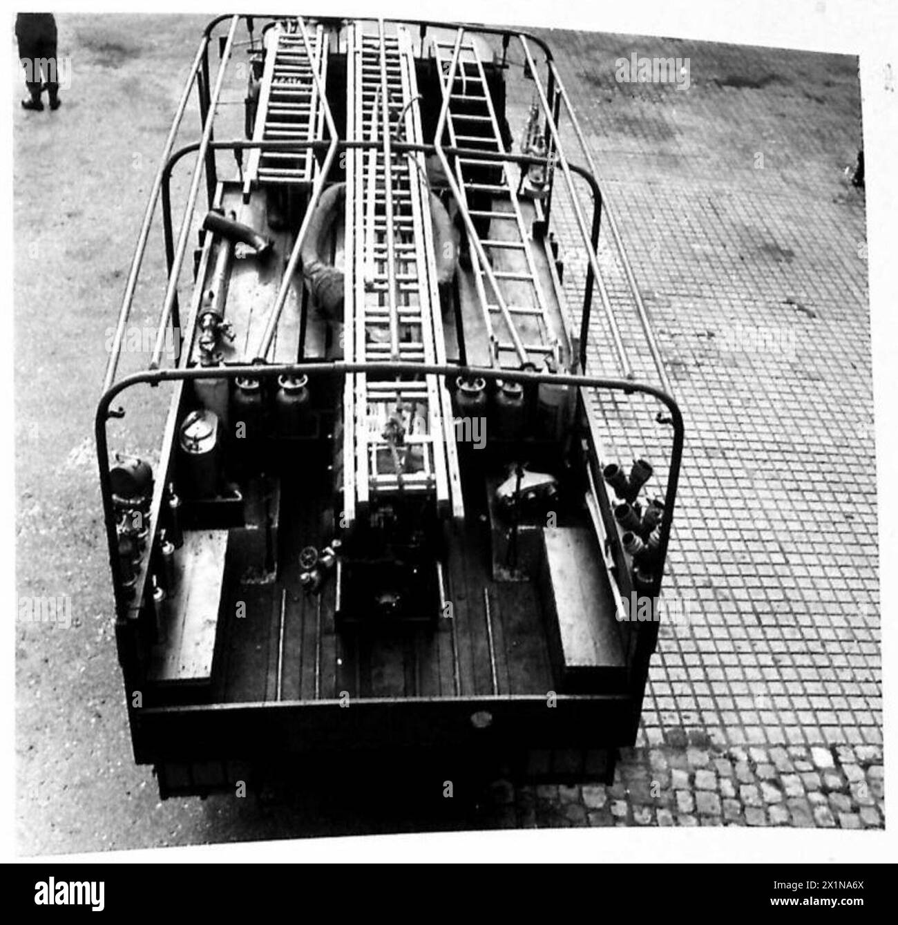 ARMY FIREWATCHERS - Bedford fire tender. Rear overhead view with ...