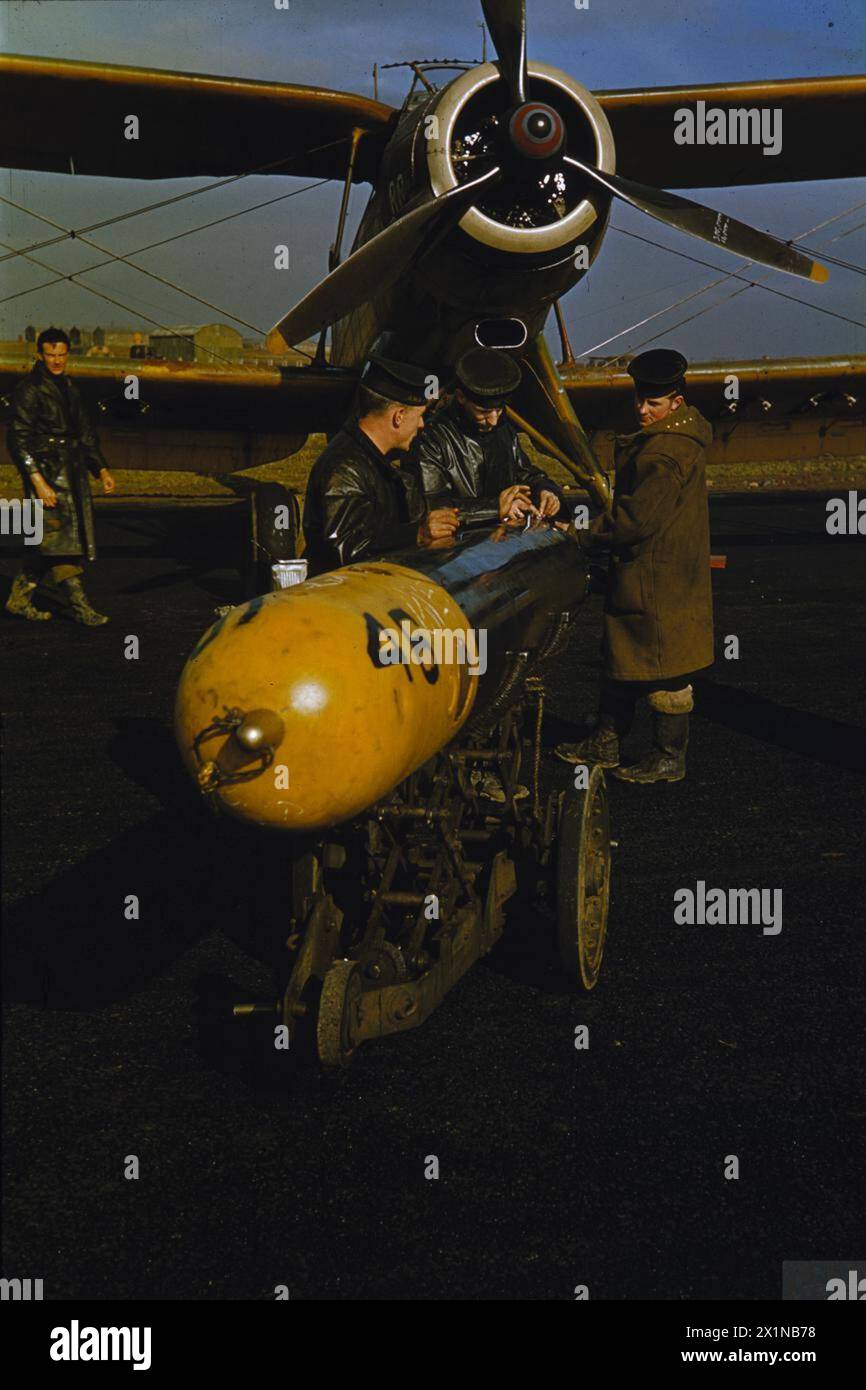 RAF cadets are shown loading a torpedo onto an Albacore aircraft at ...