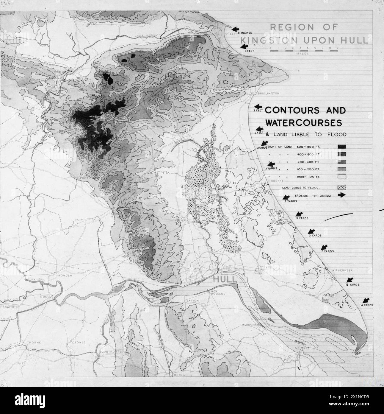 A regional survey map of Hull shows contours, watercourses, flood-prone ...