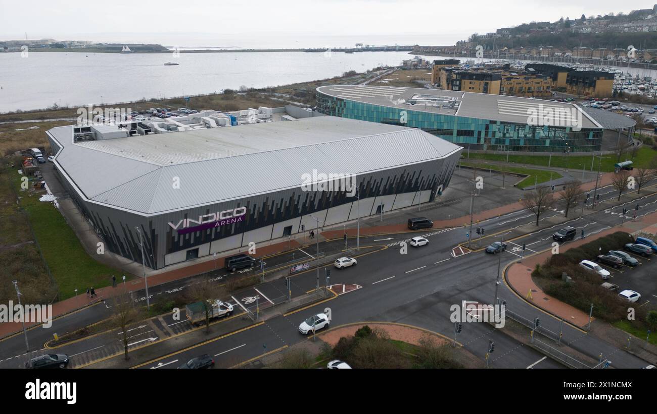 11 February 2024, Cardiff. Aerial view of the Vindico Arena, part of ...