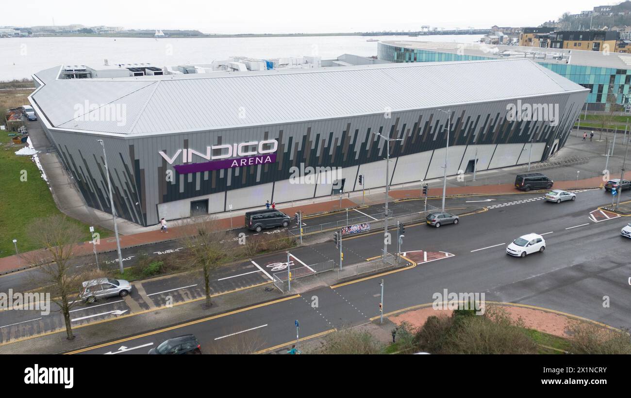11 February 2024, Cardiff. Aerial view of the Vindico Arena, part of ...