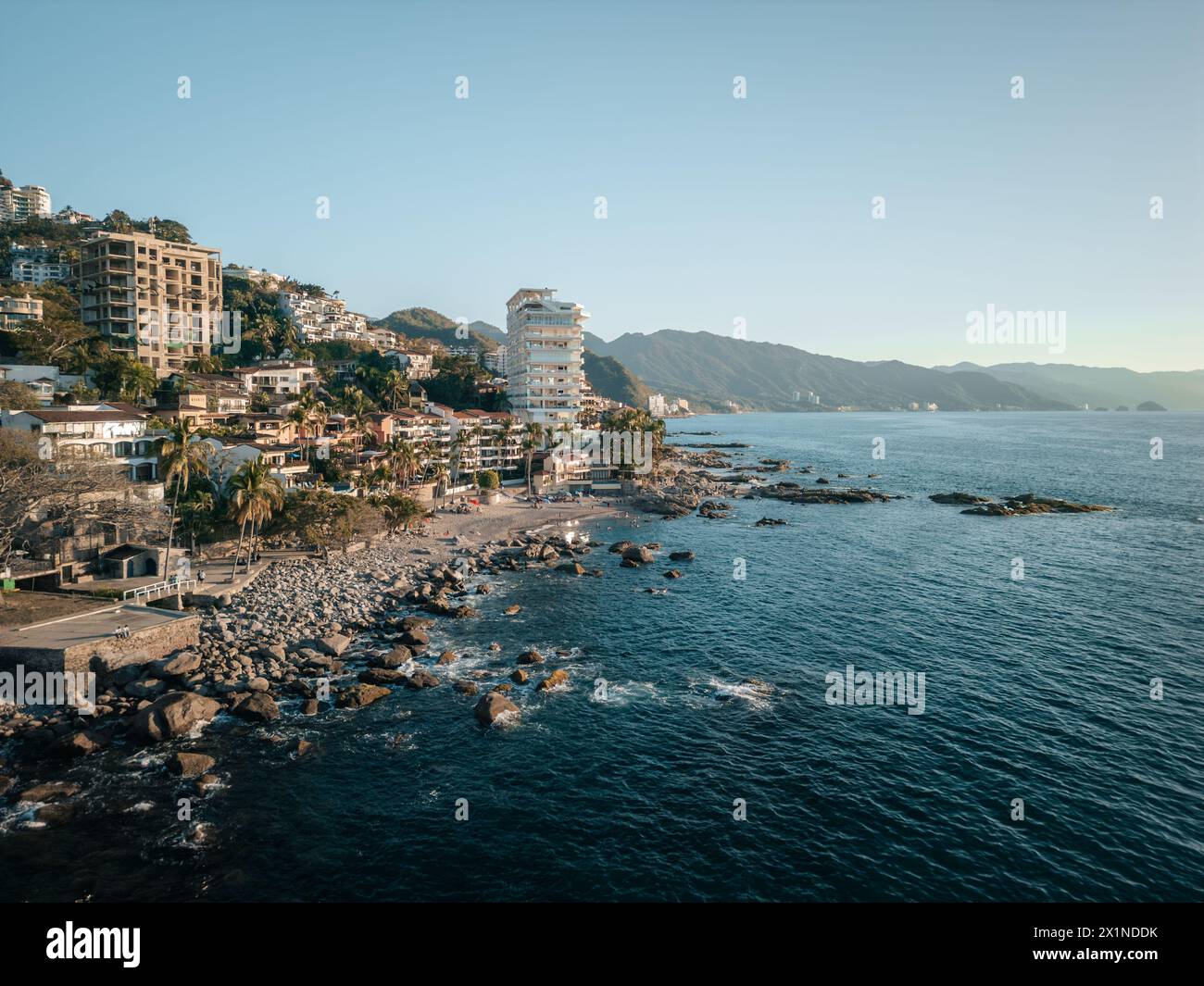 Aerial view of Conchas Chinas Beach and hotels in Puerto Vallarta ...