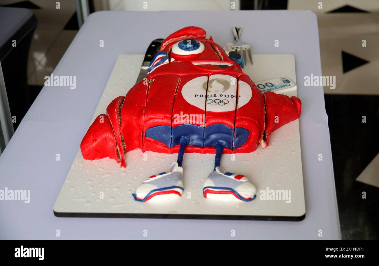 KYIV, UKRAINE - APRIL 17, 2024 - The cake featuring the Olympic Phryge ...