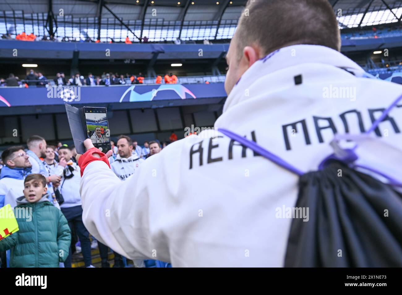Real Madrid fan takes a selfie at the Etihad Stadium before the UEFA ...