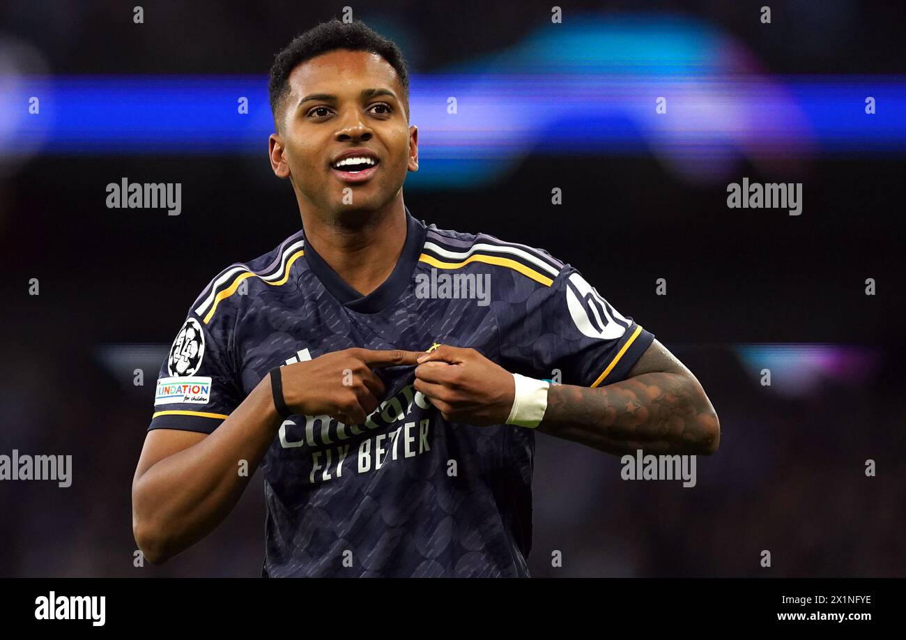 Real Madrid's Rodrygo celebrates scoring the opening goal during the ...