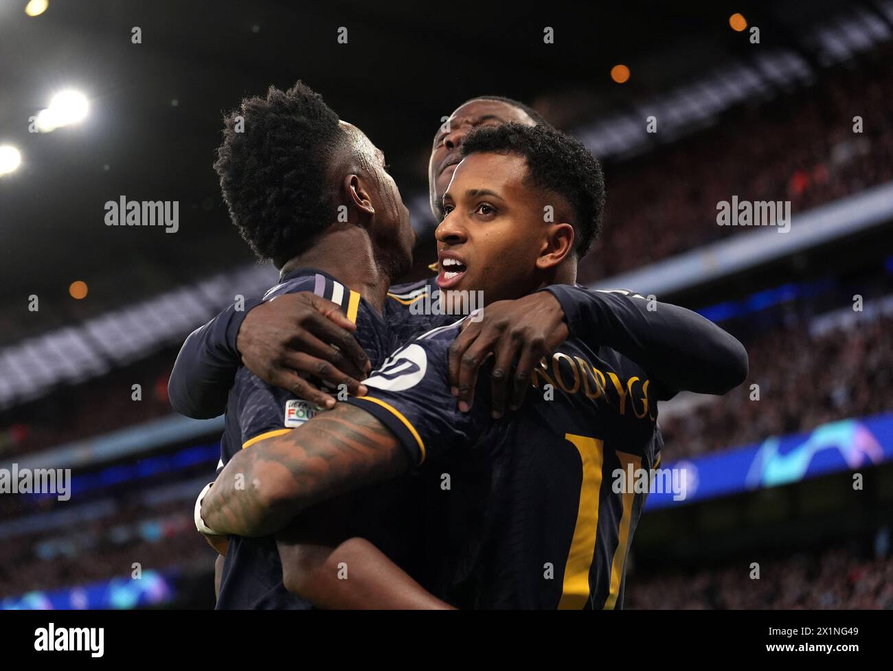 Real Madrid's Rodrygo celebrates scoring the opening goal during the ...