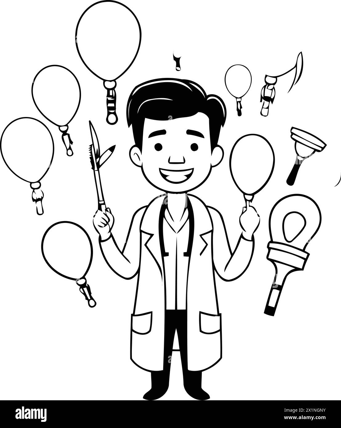 cartoon doctor holding a scalpel and balloons over white background ...