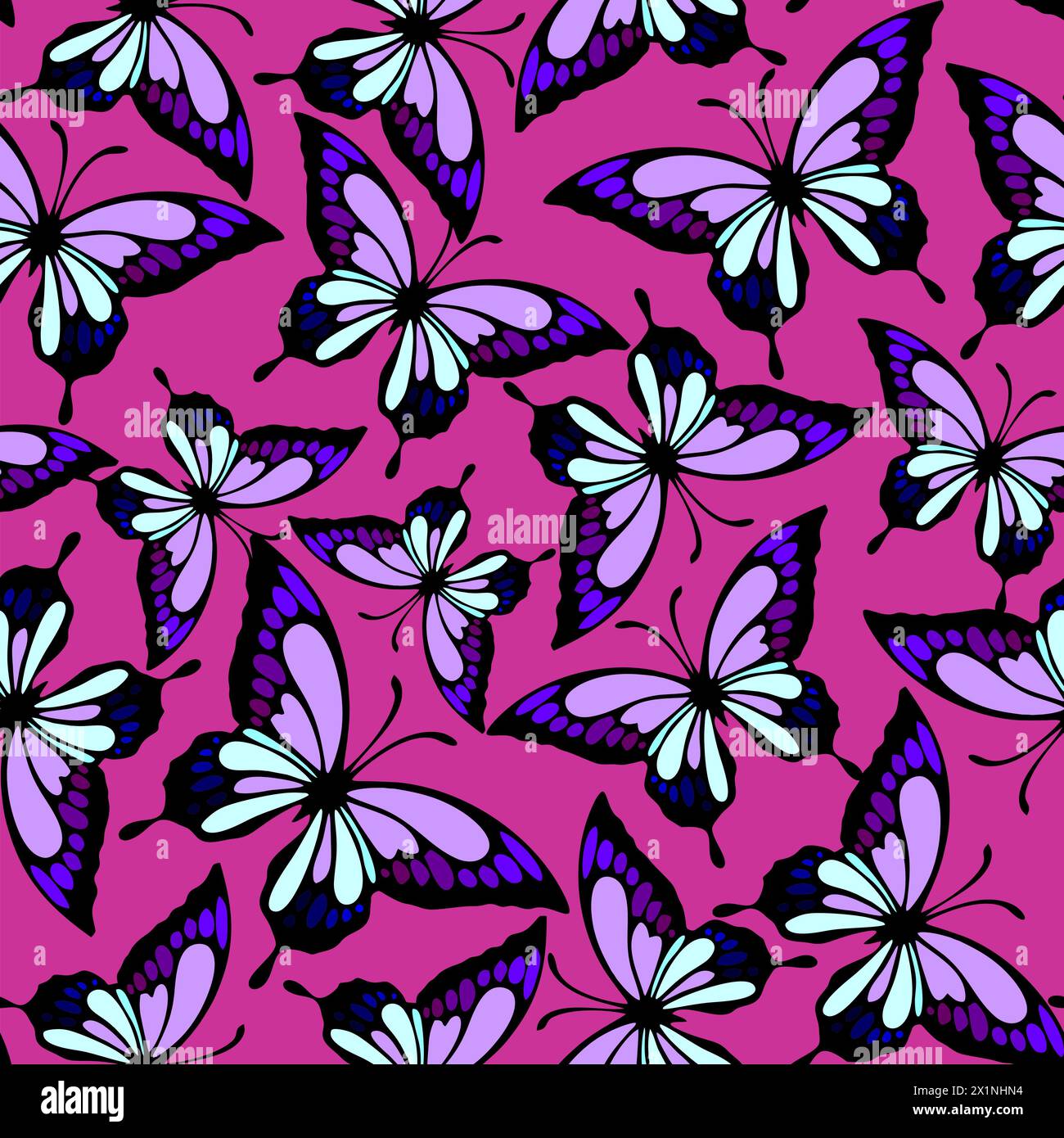 seamless pattern of bright colored butterflies on a purple background ...
