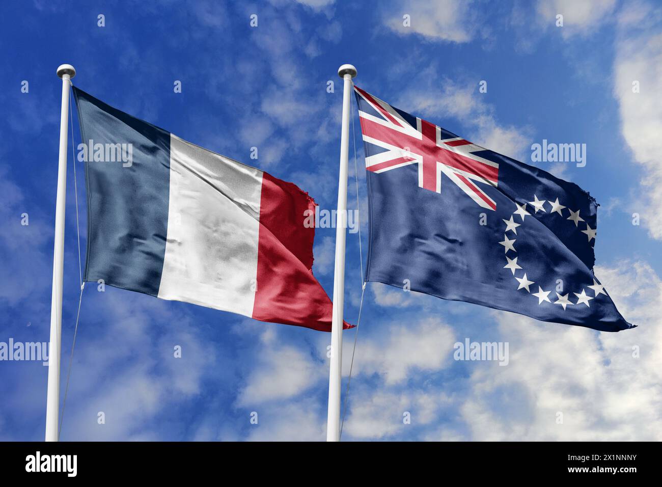 3d illustration. France and AAA Flag waving in sky. High detailed waving flag. 3D render. Waving ...