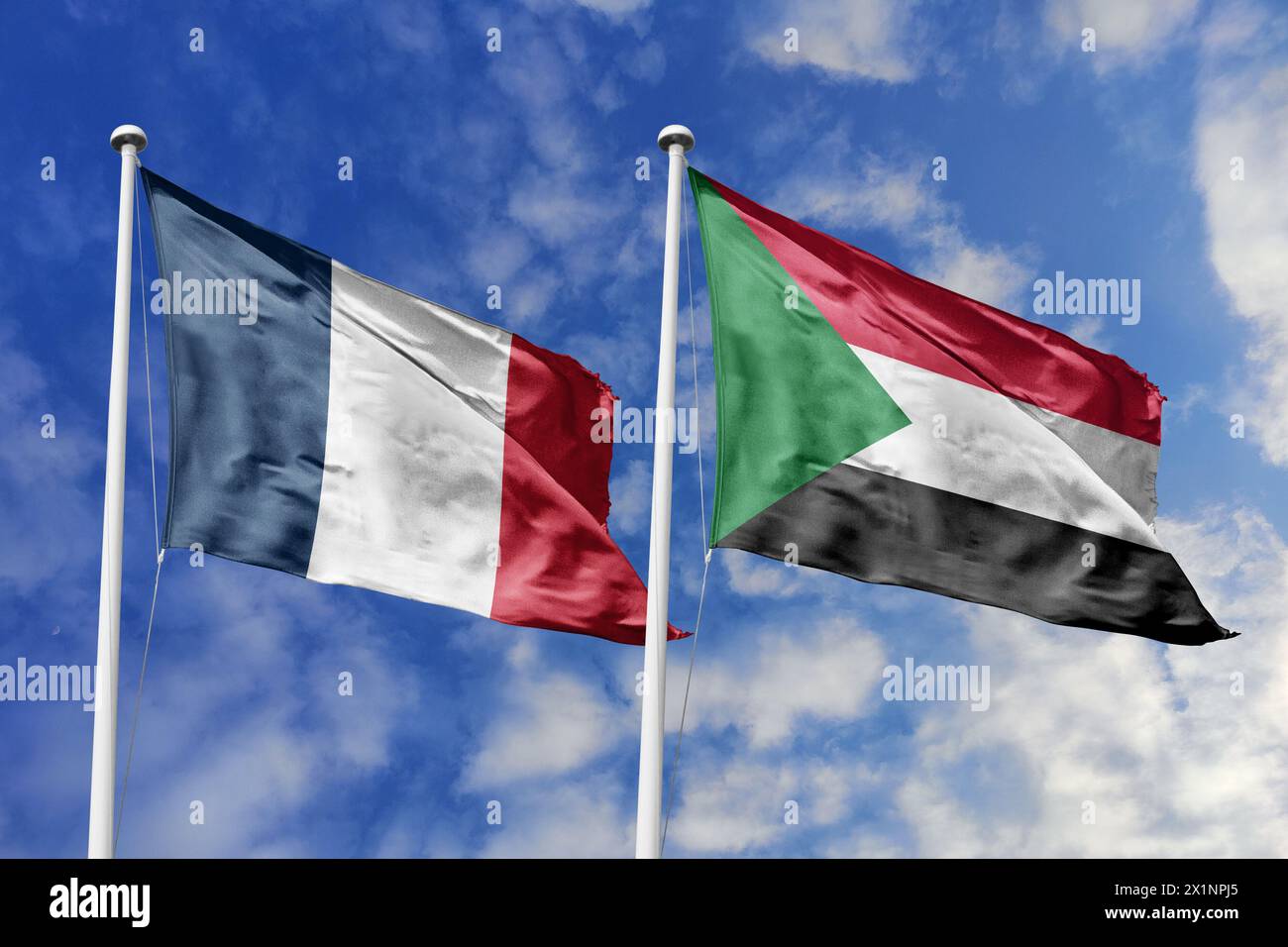 3d illustration. France and AAA Flag waving in sky. High detailed ...