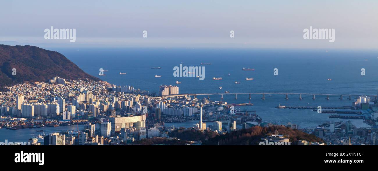Aerial panoramic view with coastal buildings of Busan city, South Korea ...