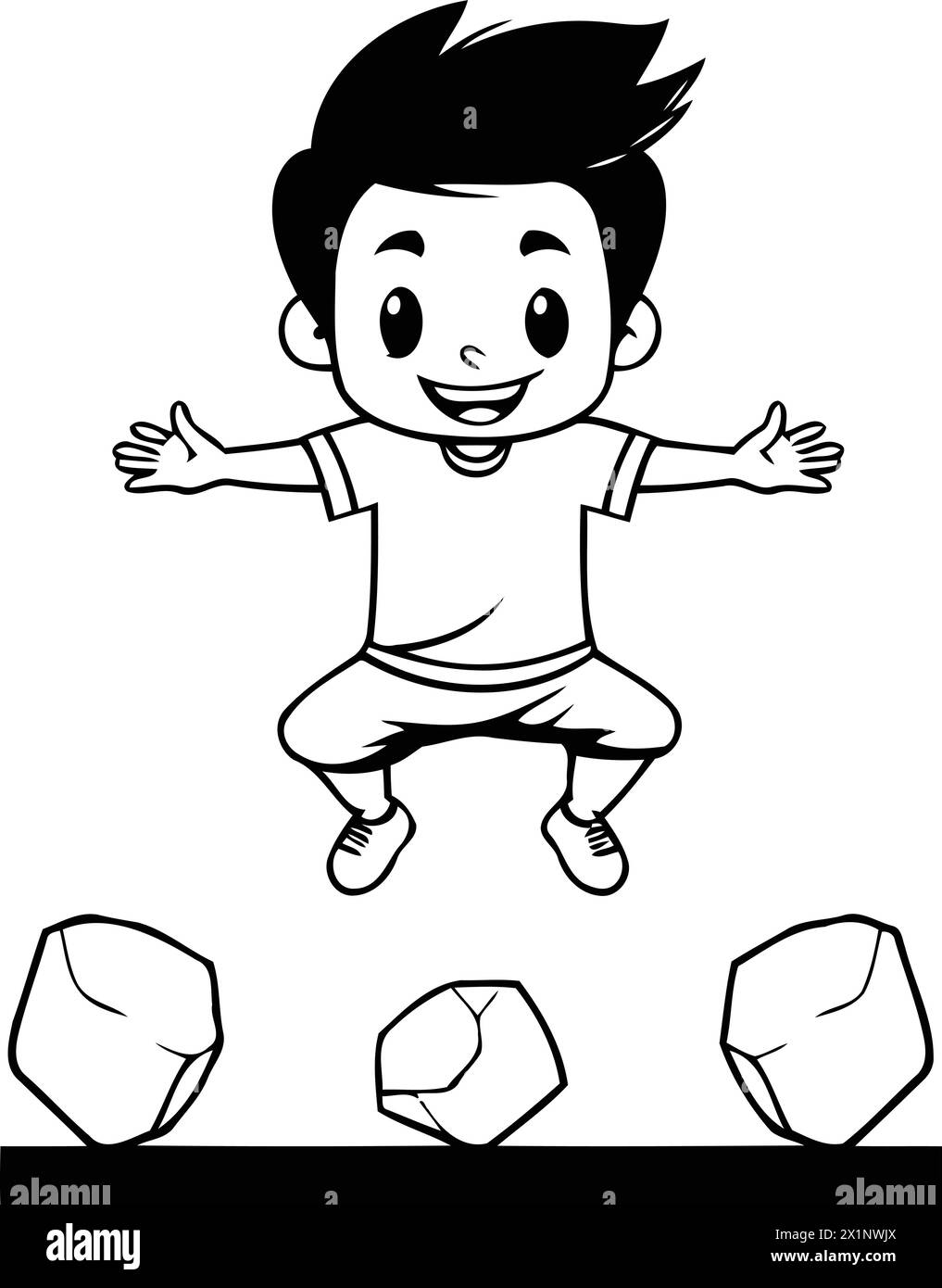 Boy jumping over rocks. Cartoon vector illustration isolated on blue ...