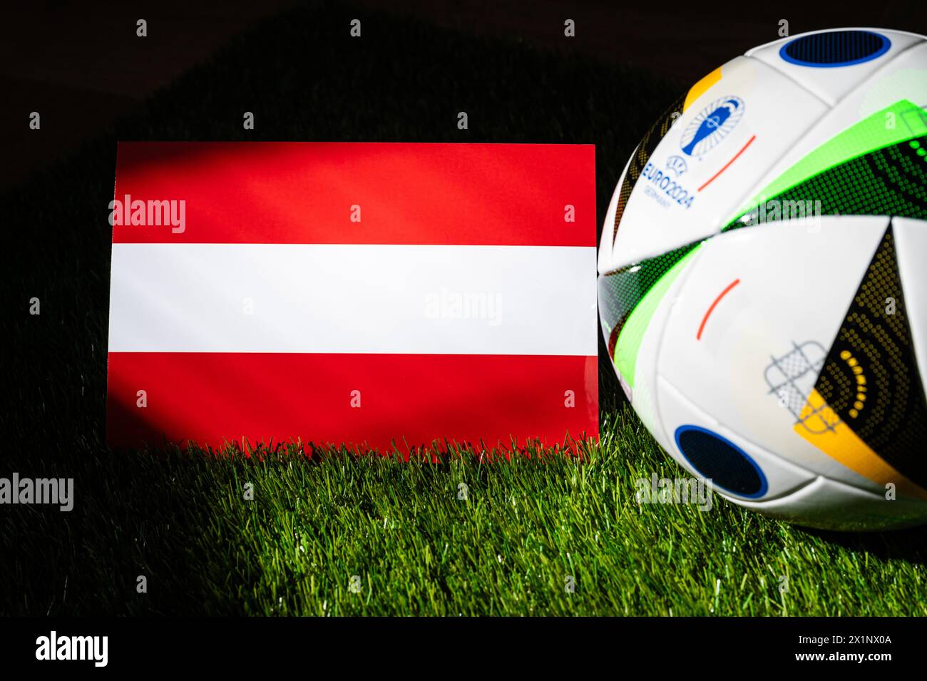 LEIPZIG, GERMANY, APRIL 17, 2024: Austria national flag and official ...