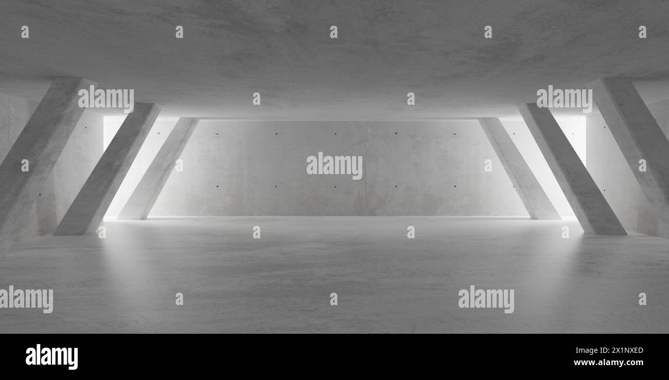 Abstract large, empty, modern concrete room with openings left and ...