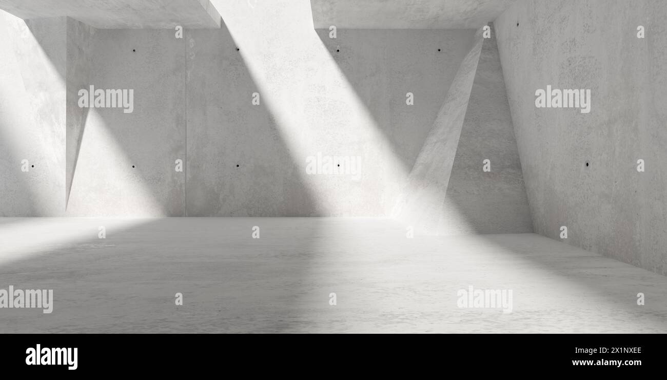 Abstract large, empty, modern concrete room with ceiling opening ...