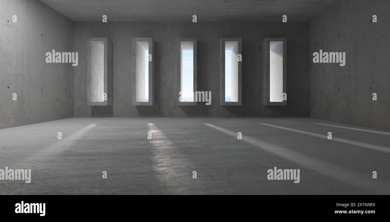 Abstract large, empty, modern concrete room with multiple openings in ...