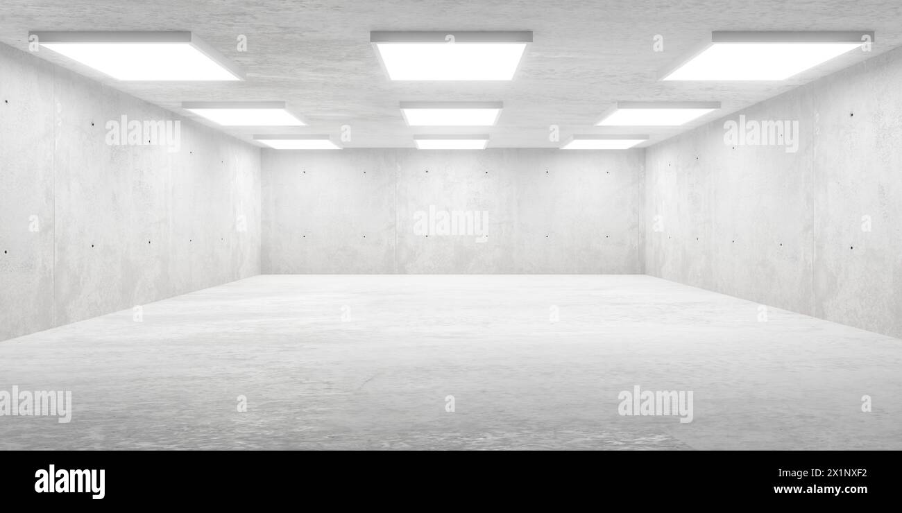 Abstract empty, modern concrete room with array of square lights on the ...