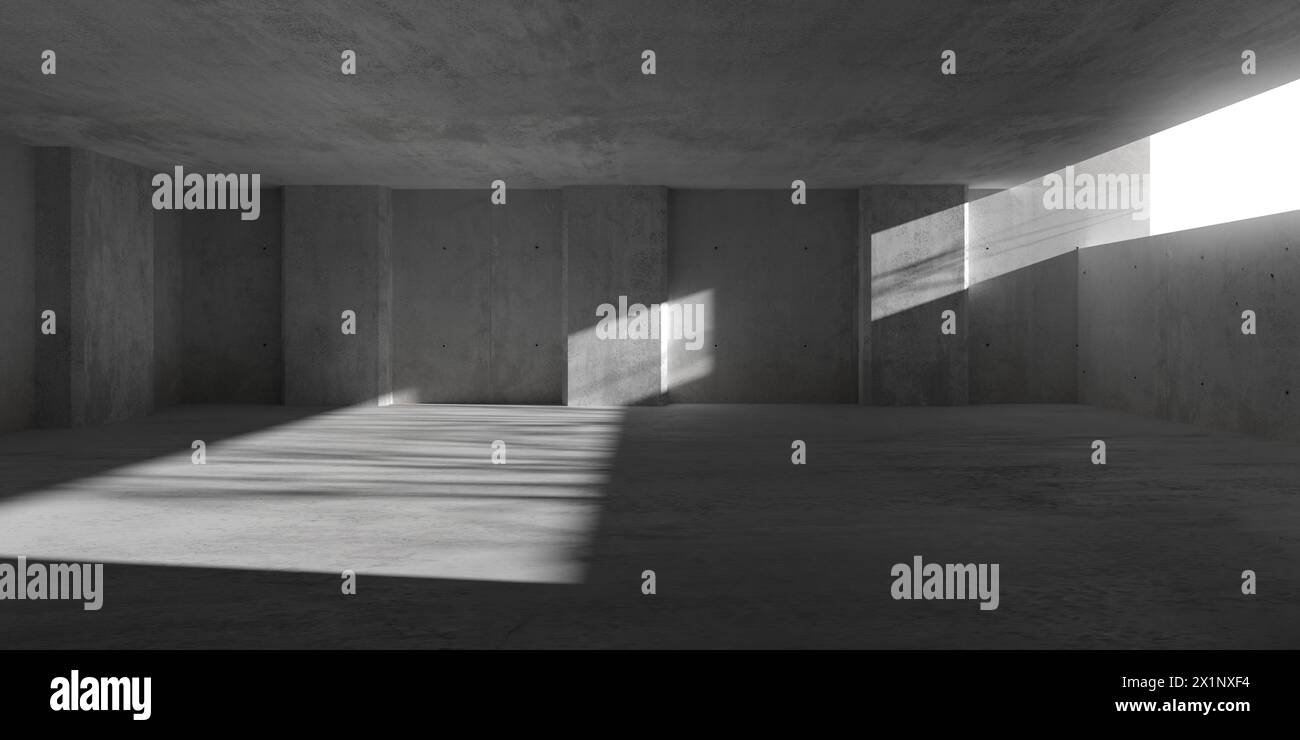 Abstract large, empty, modern concrete room with sunlight from wall ...