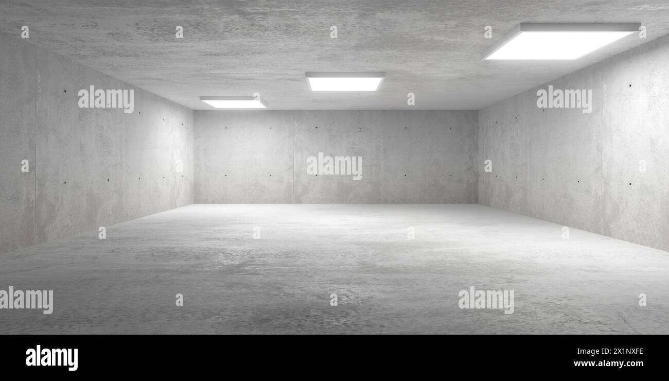 Abstract empty, modern concrete room with three diagonal square lights ...