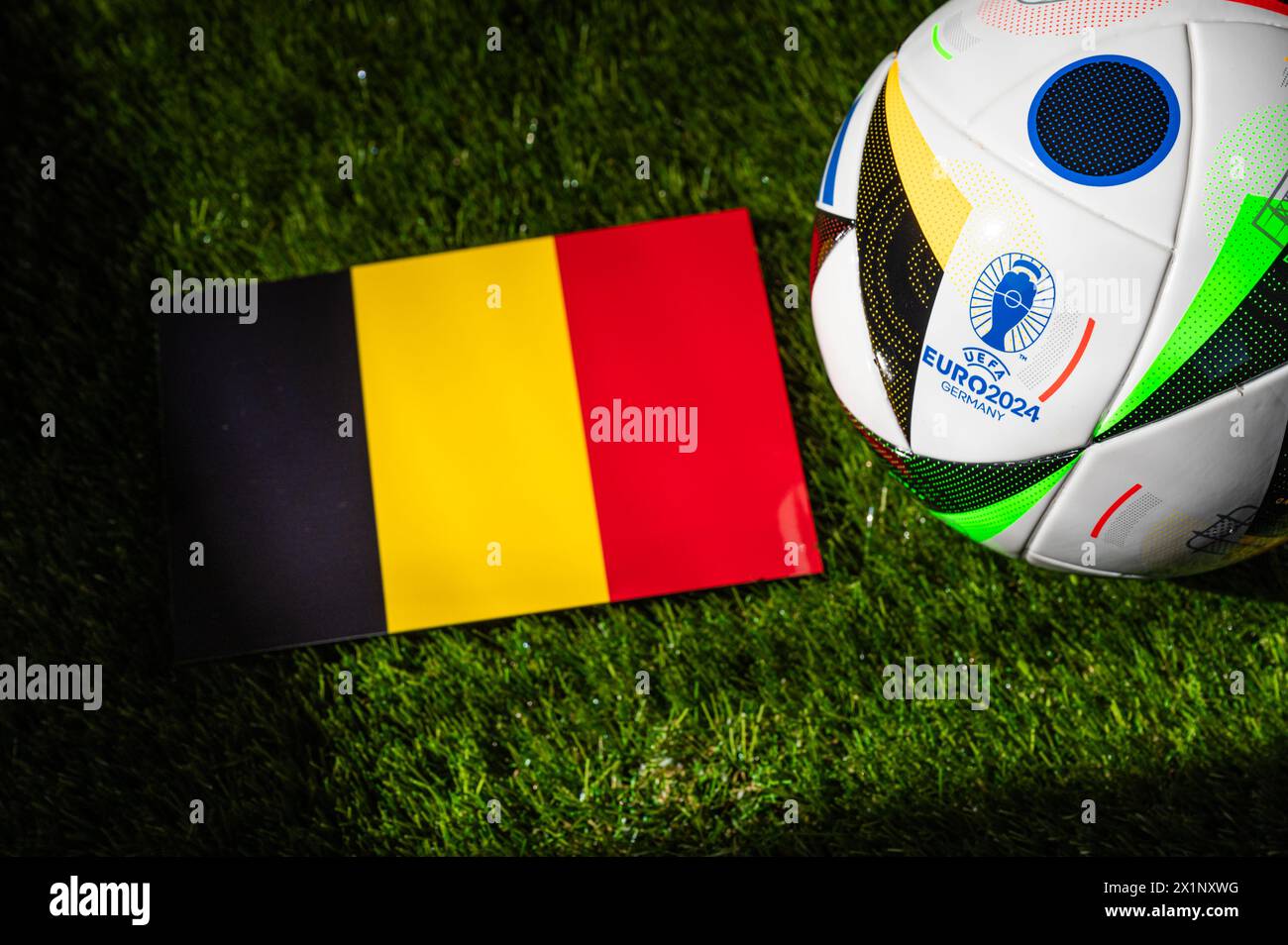 MUNICH, GERMANY, APRIL 17, 2024: Belgium national flag and official ...