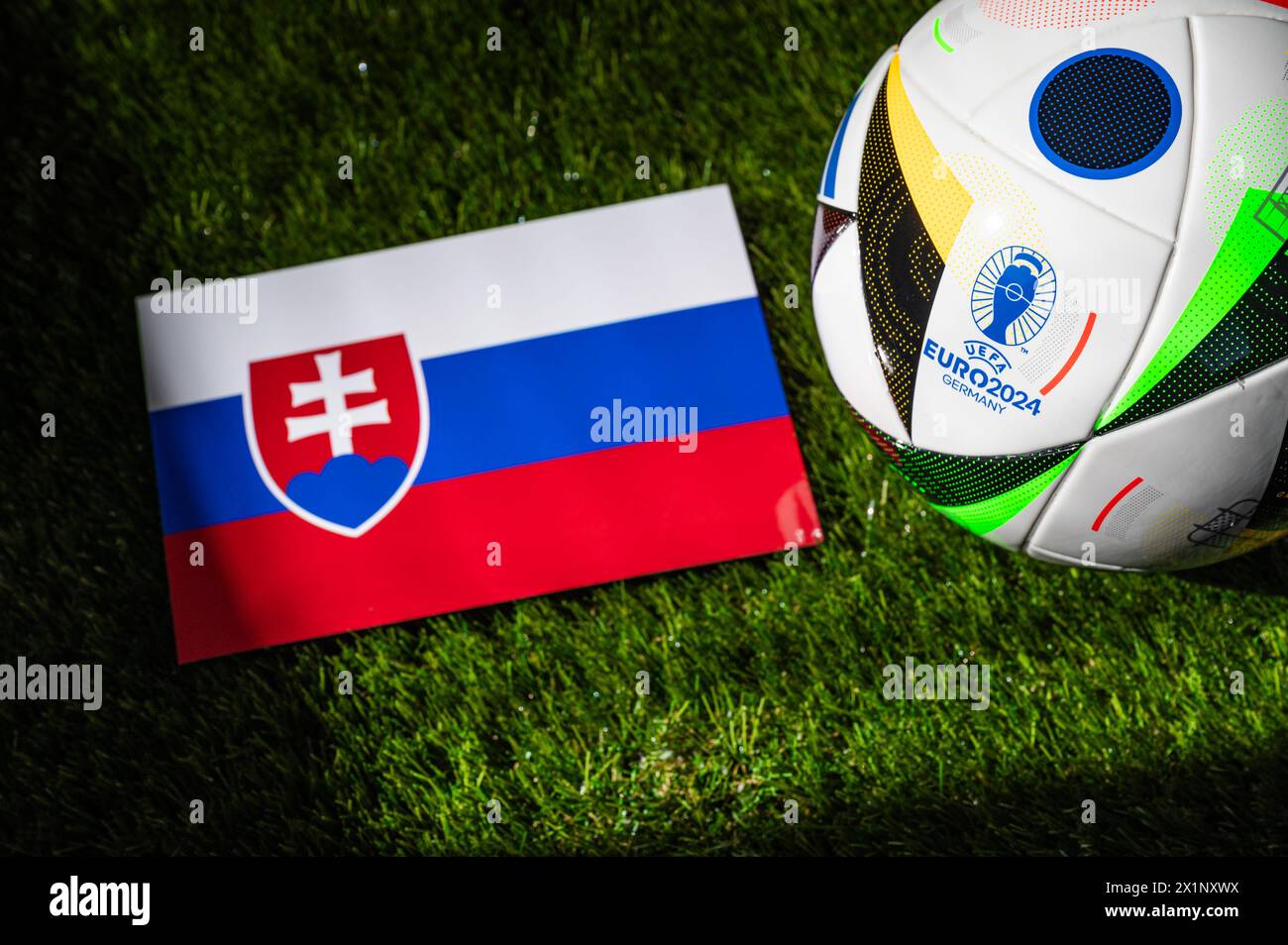 LEIPZIG, GERMANY, APRIL 17, 2024: Slovakia national flag and official ...
