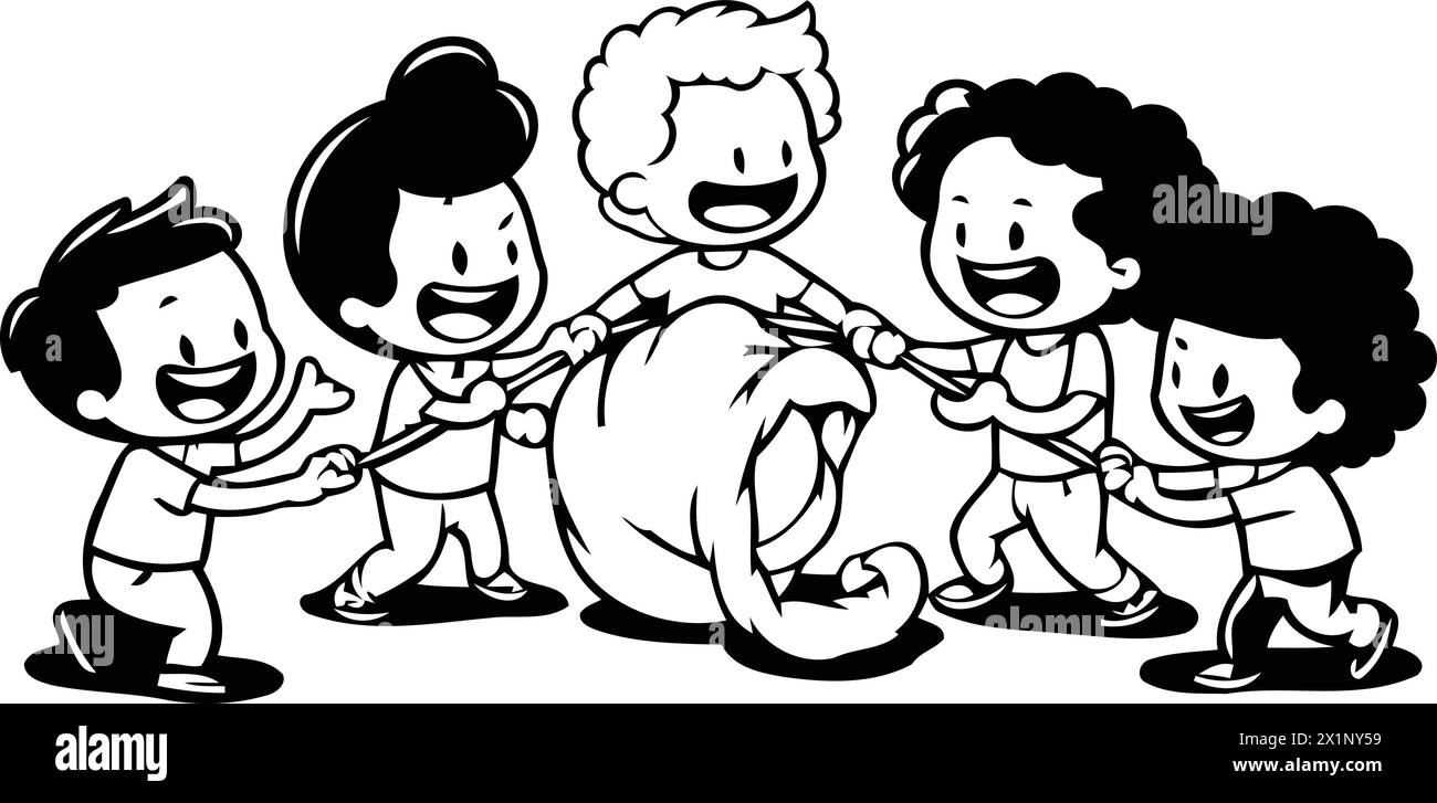 Teamwork concept vector illustration. Group of happy kids pulling rope ...