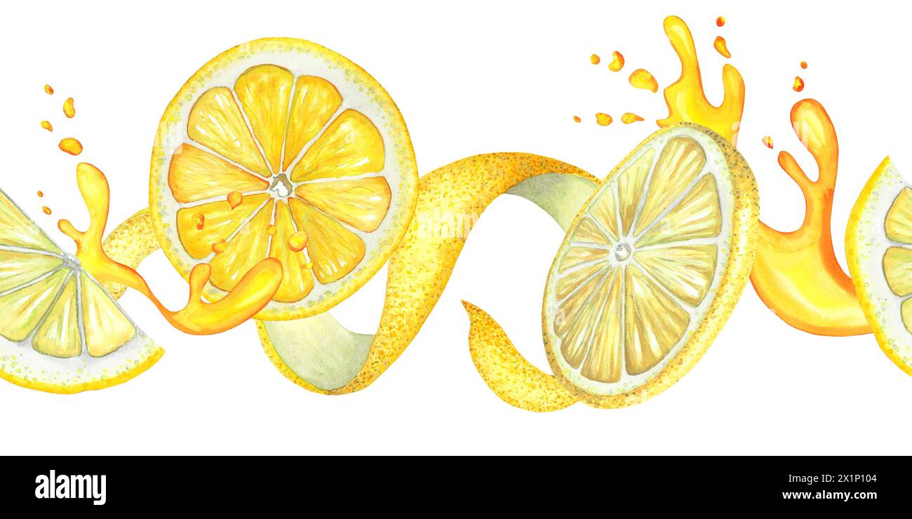 Watercolor lemon seamless border with lemons, cut lemon and slice ...