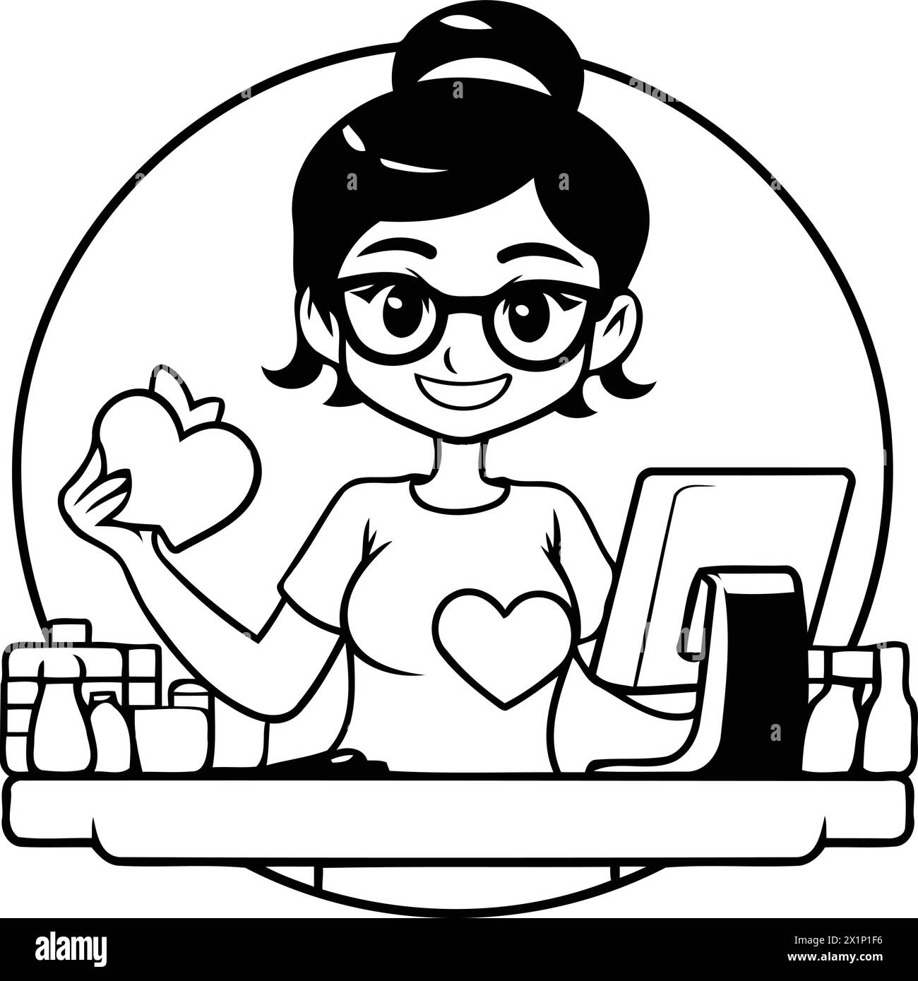 Cartoon Vector Illustration Of A Woman Working On A Laptop And Holding