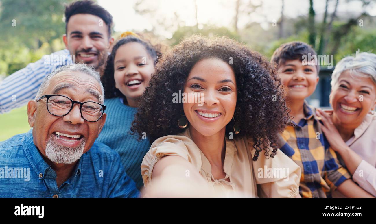 Happy family, face and selfie on garden in nature, generations and love ...