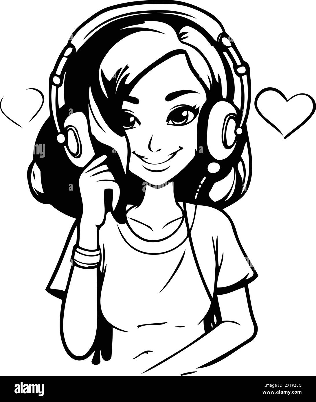 Beautiful young woman with headphones and hearts around her. Vector ...