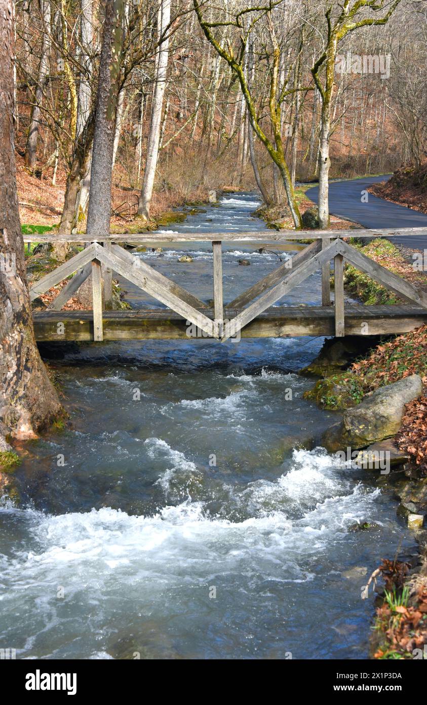 Small pedestrian bridge crosses the Amos Branch as it tumbles toward ...