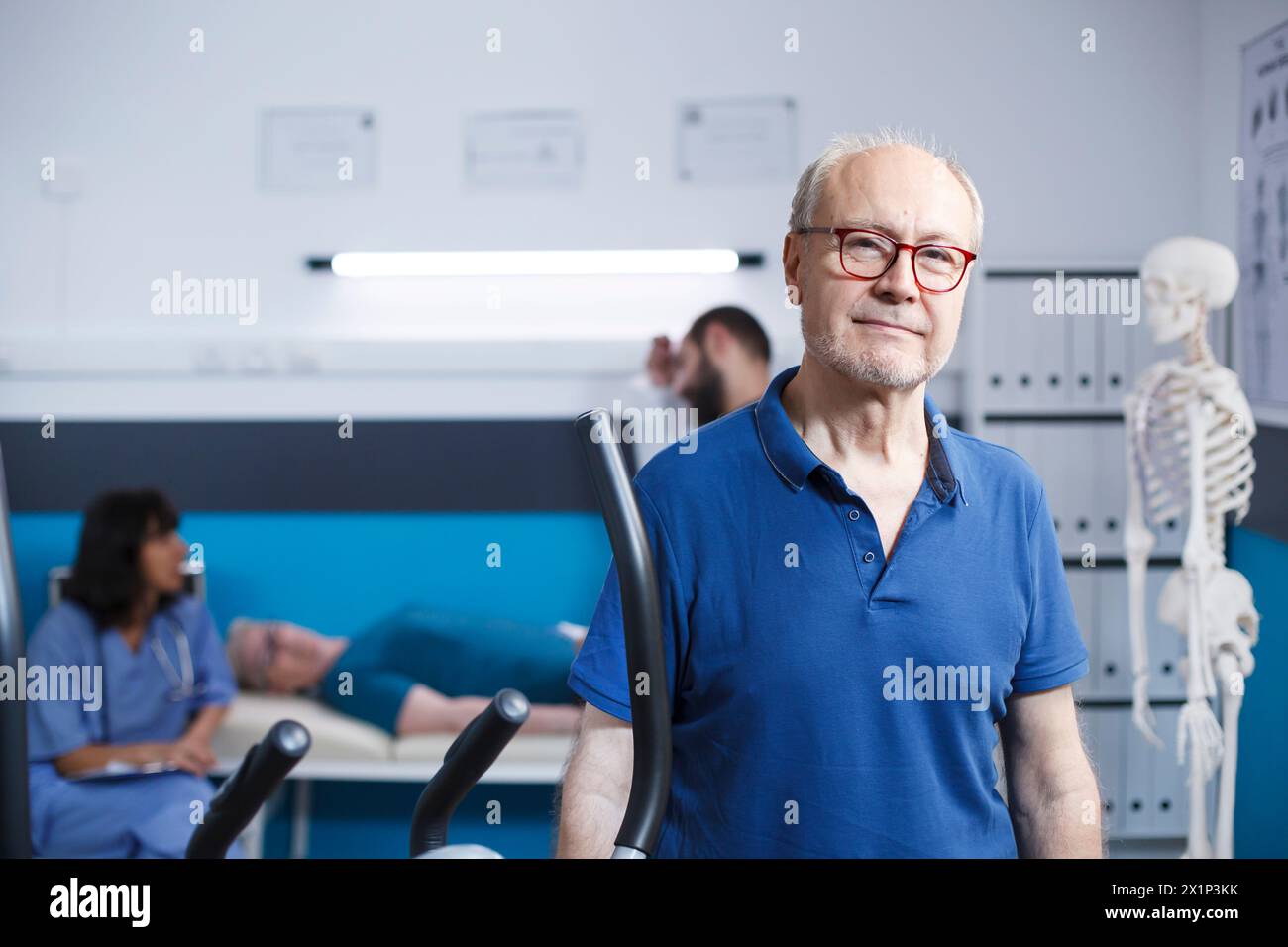 Portrait of retired patient visiting physical therapy center. Senior ...