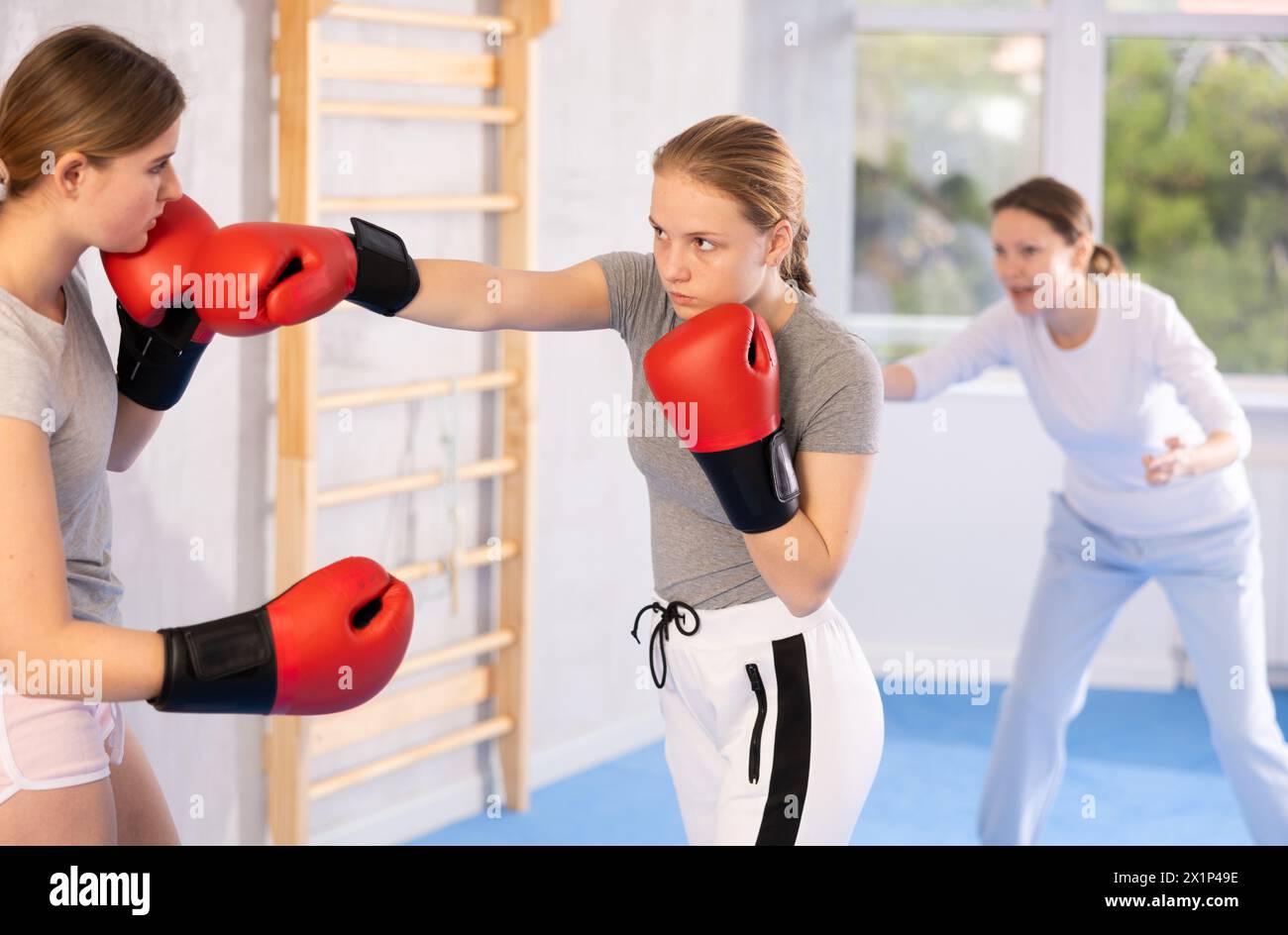 Teenage girl in boxing gloves practicing punches in sparring at self defense training Stock ...