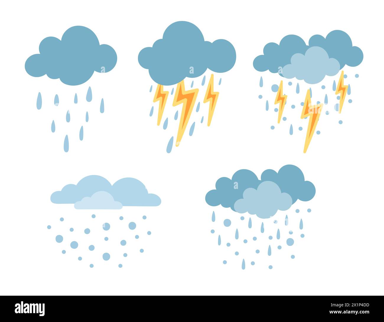 Set of rain and snowy clouds with thunder icons vector illustration isolated on white background ...