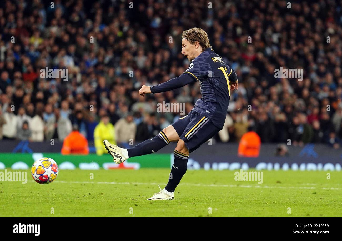 Real Madrid's Luka Modric misses from the penalty spot during the ...